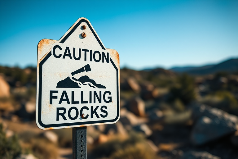 Caution Sign Alerting Drivers to the Danger of Falling Rocks Ahead