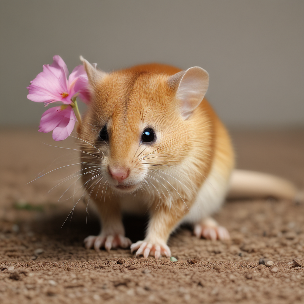 adorable dormouse standing on back legs to smell a flower