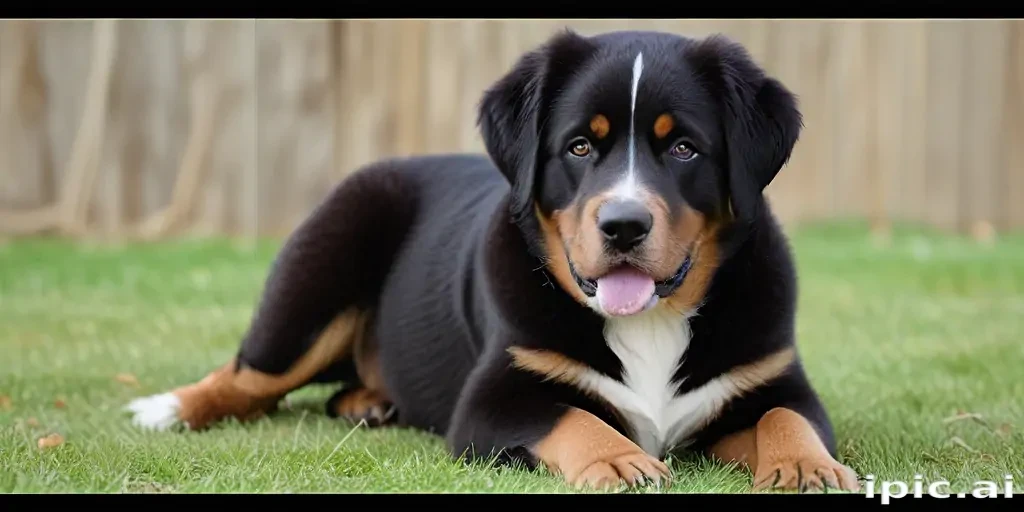 A Playful Bernese Mountain Dog Puppy Relaxing on Green Grass Outdoors.