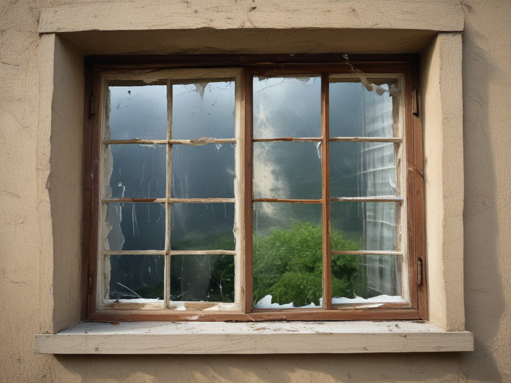 Weathered Window Frame Reflecting Lush Greenery and Mysterious Clouds ...