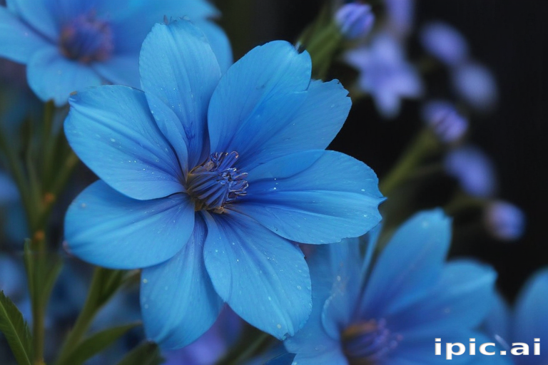 Vibrant Blue Flower Blossoming Against a Dark Background with Dew Drops