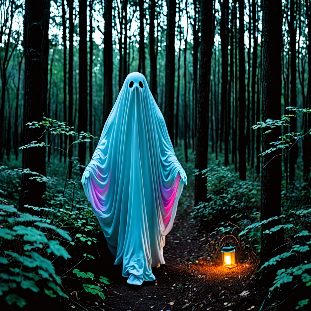 rainbow ghost in the woods at night