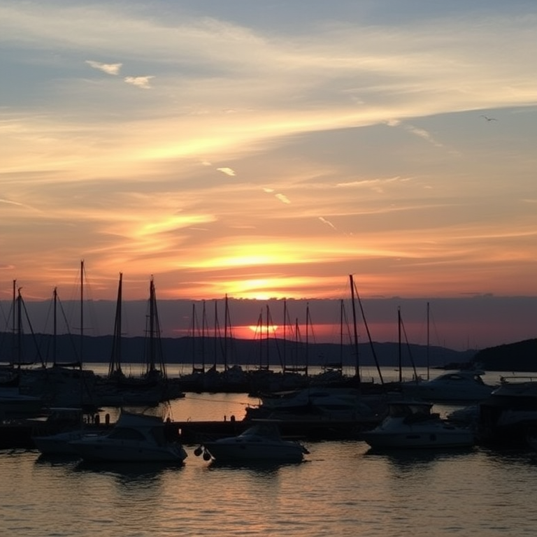 Stunning Sunset Over the Harbor with Silhouetted Boats and Calm Waters