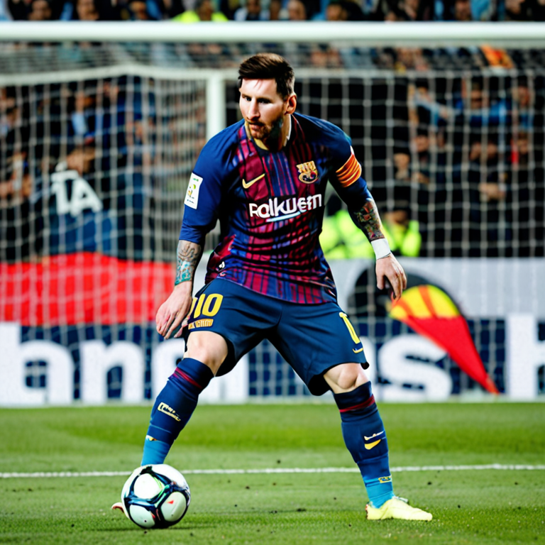 giant robot shooting laser beams at Lionel Messi.