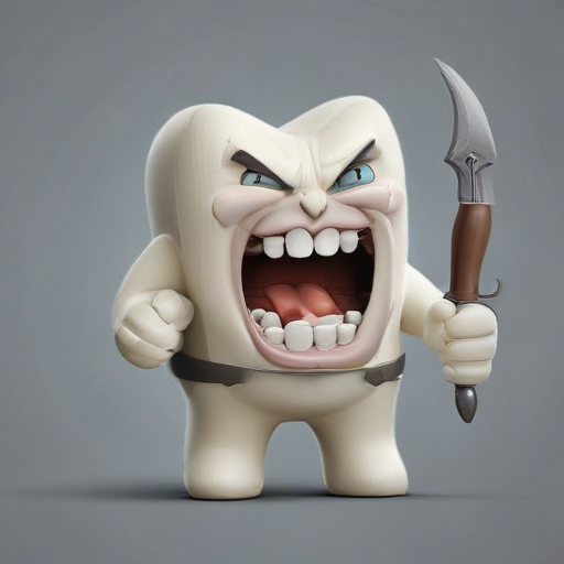 Cartoonized, stylized, tooth. Military molar wielding a weapon. Angry ...