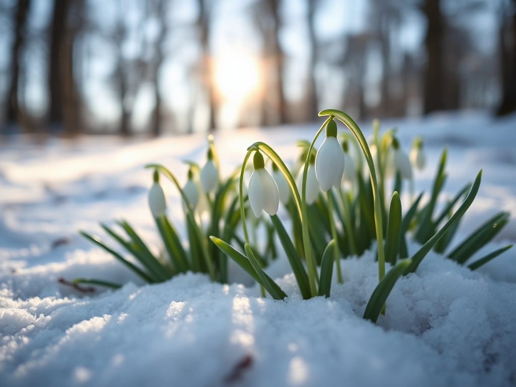 Capture a close-up of snowdrops blooming in snow with sunlight ...