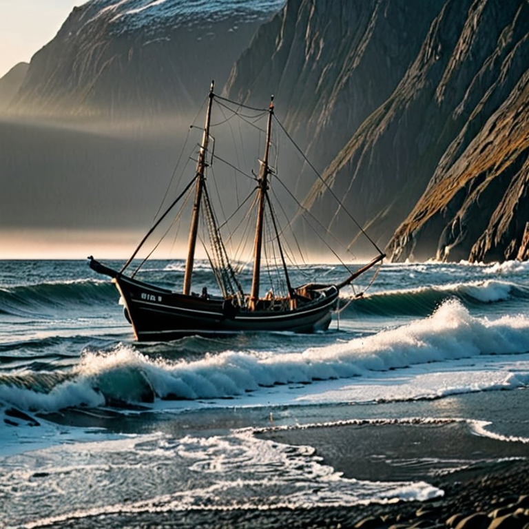 gray ancient norwegian fishing boat fighting the waves in shadow in the ...