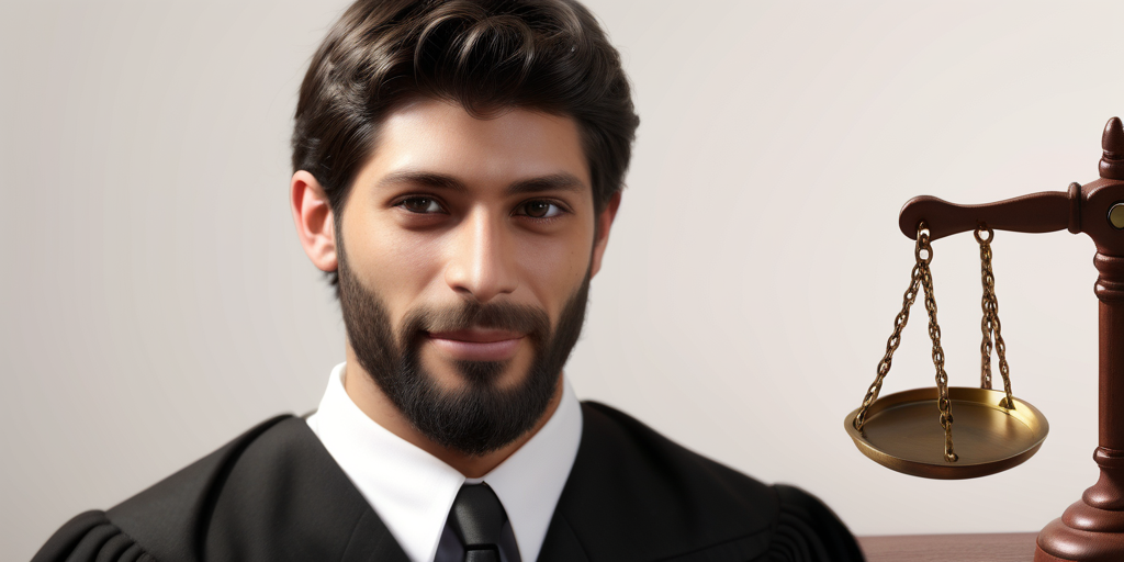 Confident Judge Poses Elegantly Next to Symbol of Justice and Fairness