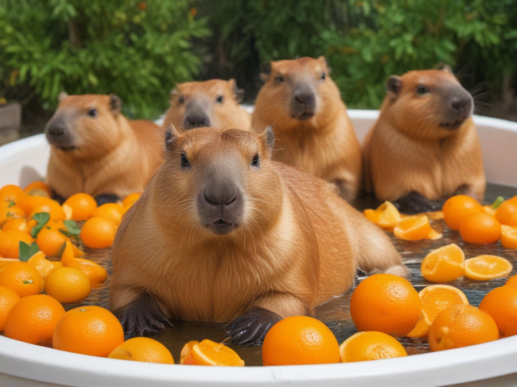 capybaras gambling surrounded by oranges in a hot tub