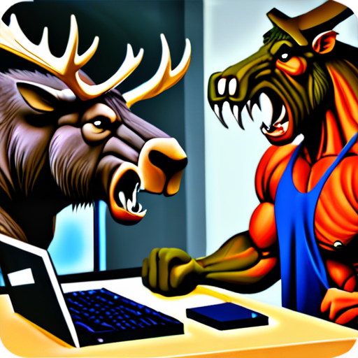 Hulking muscle moose lifting punching a computer