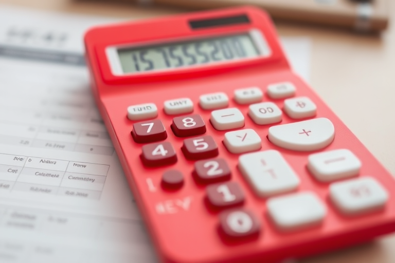 Bright Red Calculator Sitting on a Desk Next to Paperwork