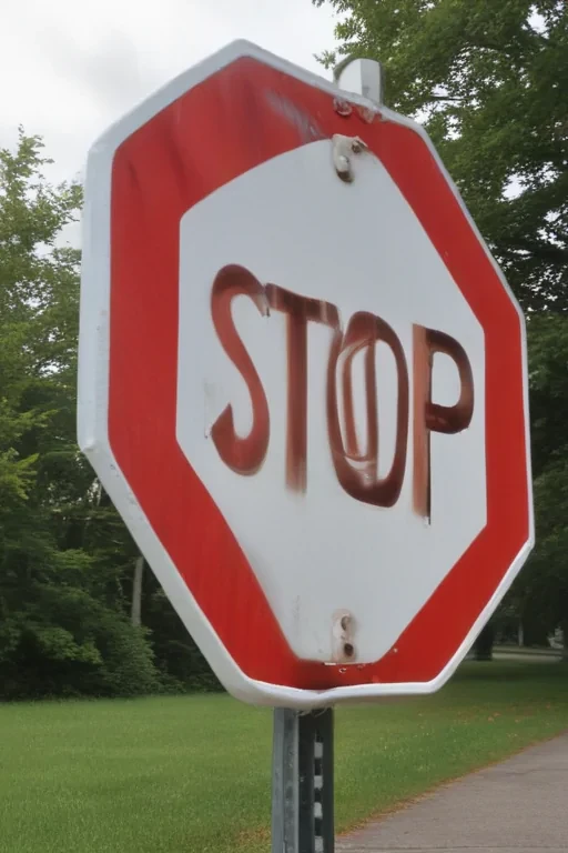 Weathered Stop Sign with Graffiti, Surrounded by Lush Greenery and Trees