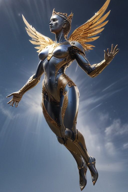 Futuristic Angelic Robot with Golden Wings Soaring Against a Blue Sky