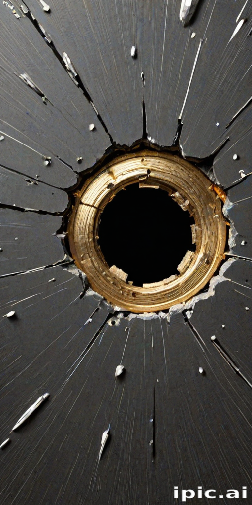 Close-Up View of a Bullet Hole with Shattered Edges and Textured Surface