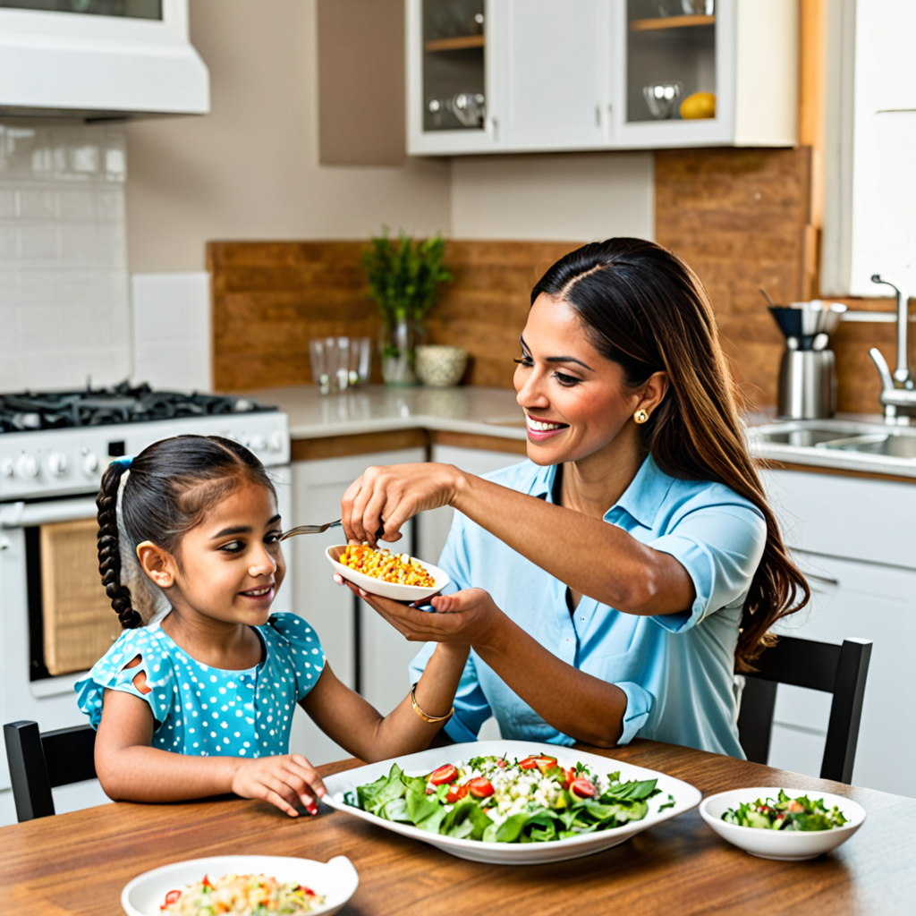 latin woman serving dinner to daughter on table