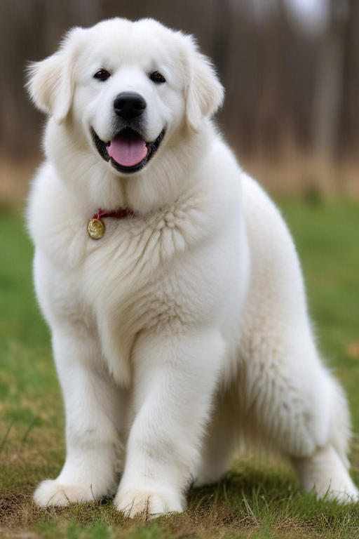 A fluffy white dog joyfully posing in a beautiful green field.