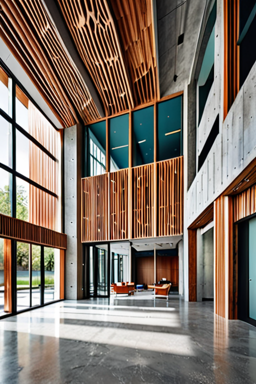 Interior renders of a lobby of an arts performance center with concrete ...