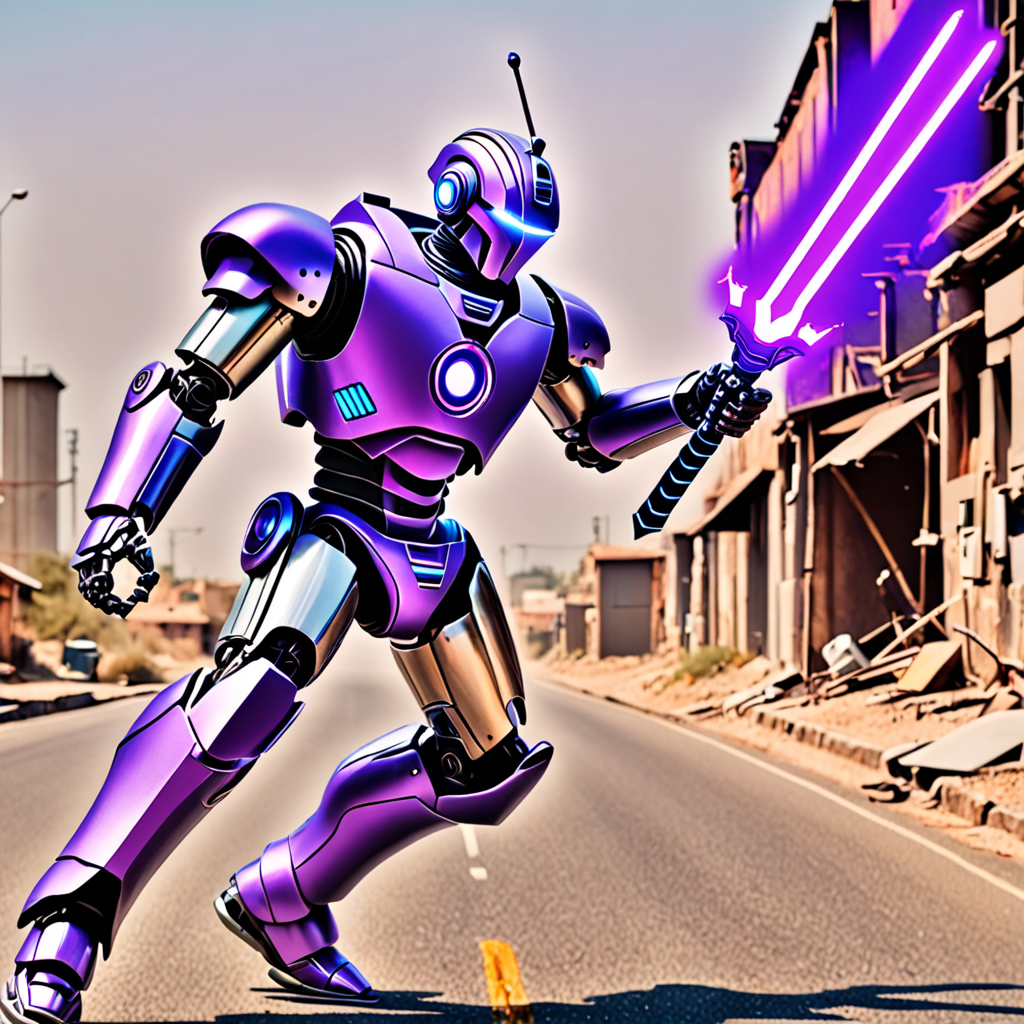 a super technological purple robot with an energy sword going after a ...
