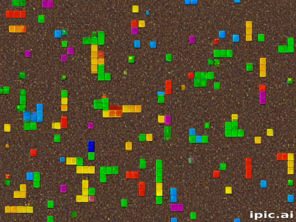 Colorful Blocks in a Chaotic Pattern on a Brown Background Surface