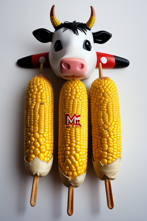 Playful Composition Featuring a Cow Mask and Three Corn-on-the-Cob Treats
