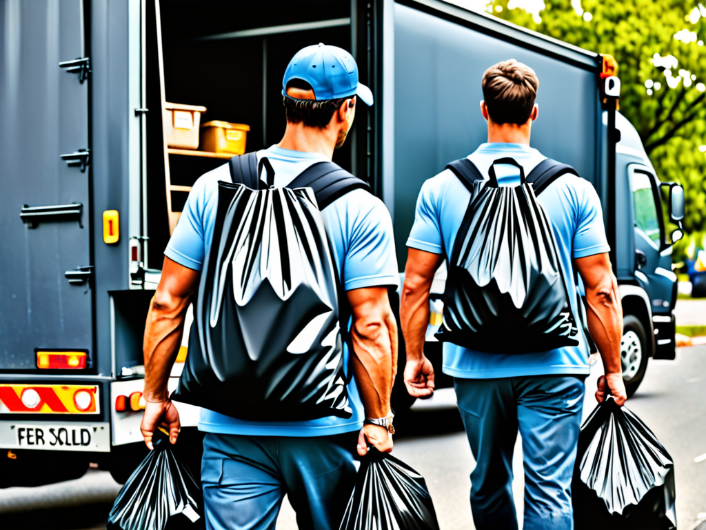 2 realistic handsome muscular garbagemen from the back carrying black ...