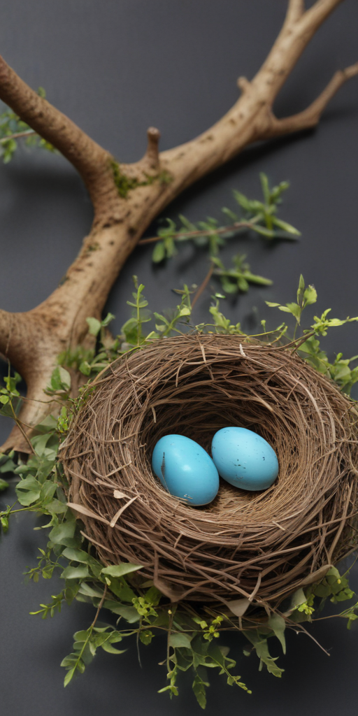 Delicate Bird's Nest with Two Vibrant Blue Eggs and Natural Surroundings
