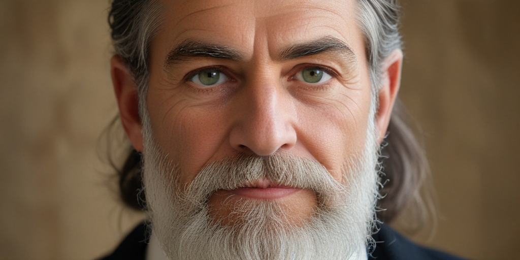 Masculine Elder Tudor Duke, black greying hair & beard green eyes