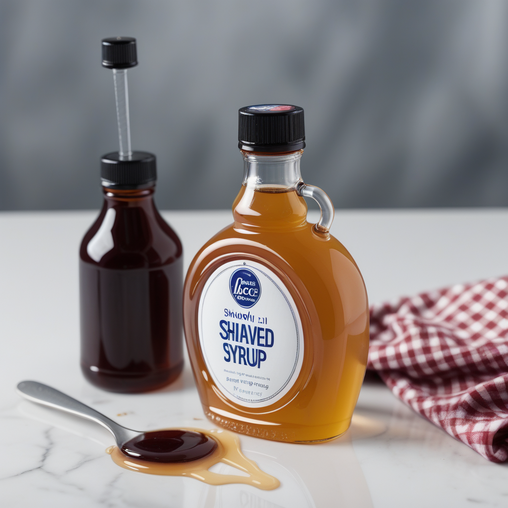 Delicious Shaved Syrup and Its Complementary Bottles on a Marble Surface