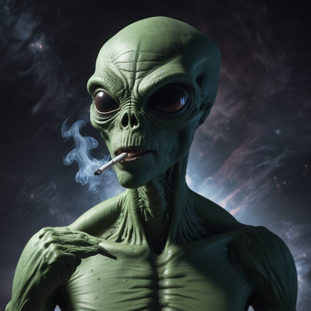 An alien smoking weed in space