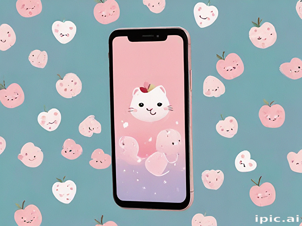 Adorable Smartphone Display Featuring Cute Cat and Charming Fruit Patterns