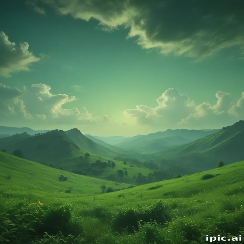 Serene Green Hills Under a Dramatic Sky at Golden Hour Twilight