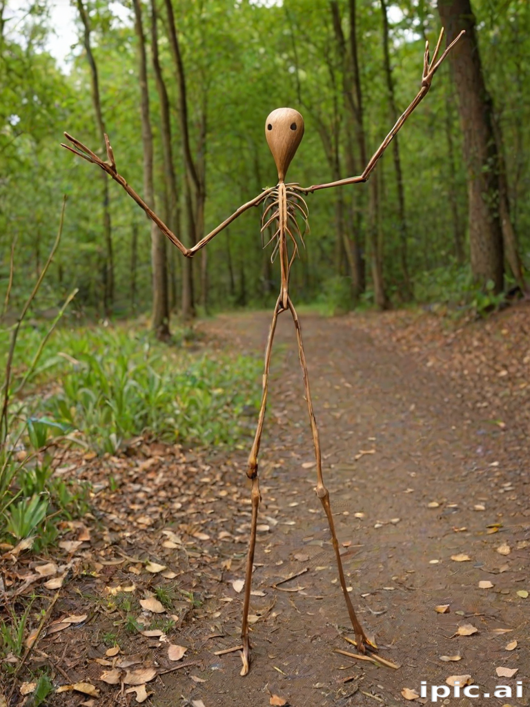 Whimsical Wooden Figure Standing in a Lush Green Forest Pathway