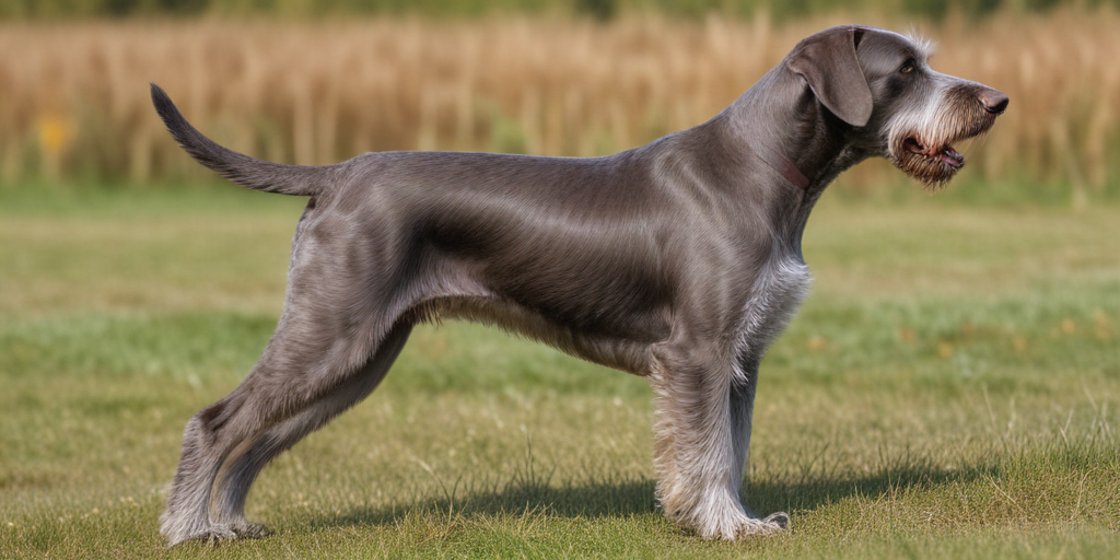 A Majestic Gray Dog Standing Proudly in a Lush Green Field.