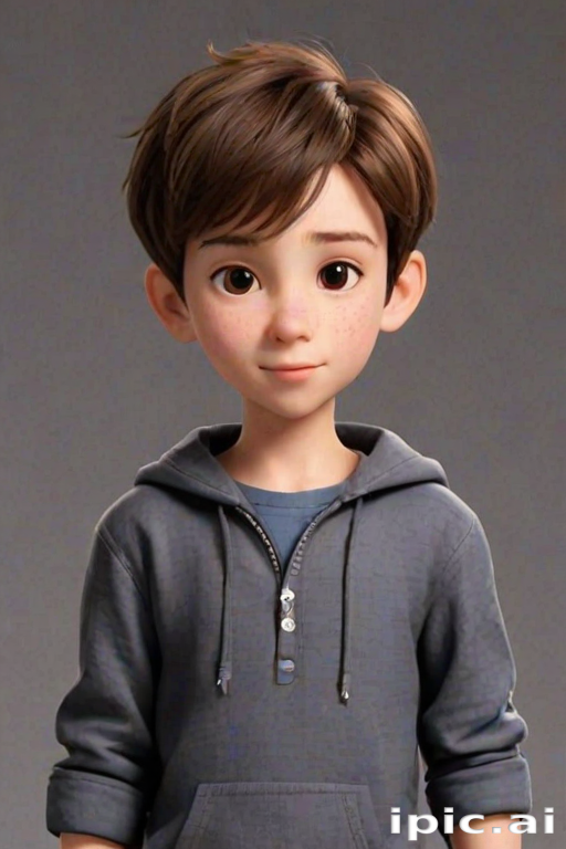 Charming Animated Boy with Brown Hair and Casual Hoodie Smiling Cheerfully