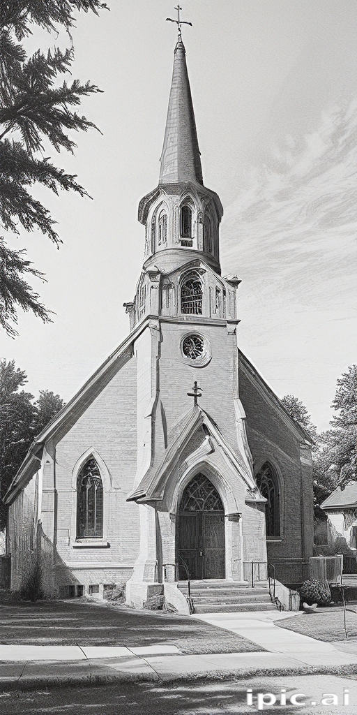 Historic Church with Tall Steeple Surrounded by Lush Greenery and Sky