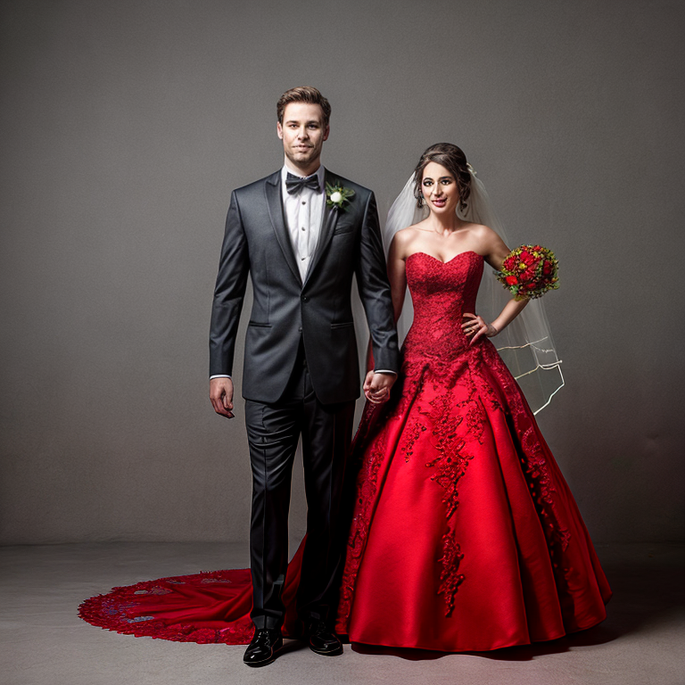 bride and groom with blood and knife while women in red standing behind ...