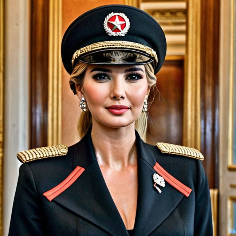 ivanka trump communist dictator black uniform and hat in palace