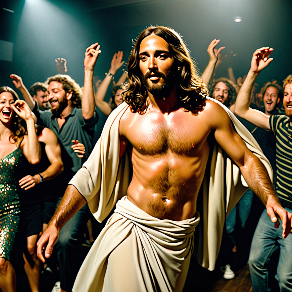 Hyper realistic photo jesus dancing in a club