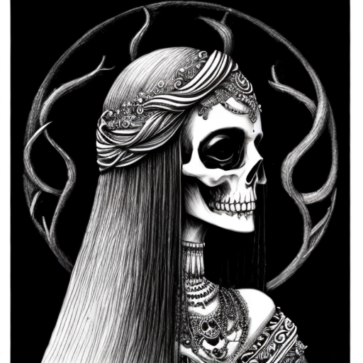 Beautiful goddess of death holding a skull, black and white, haunting ...