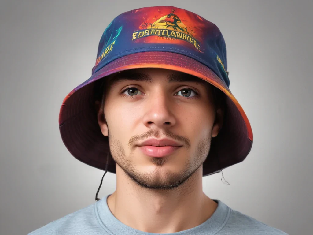 Young Man Wearing a Colorful Bucket Hat with a Unique Design
