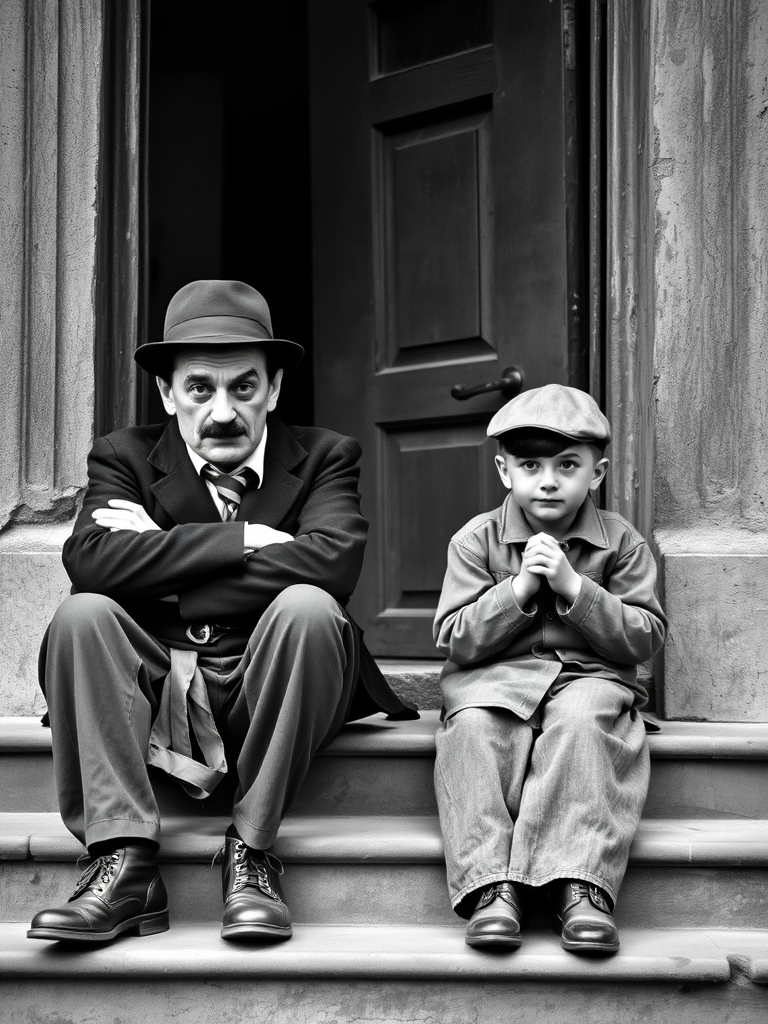 A Serious Man and a Thoughtful Boy Sitting on Steps Together