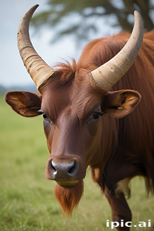 A Close-Up Portrait of a Majestic Brown Bull in a Pasture.