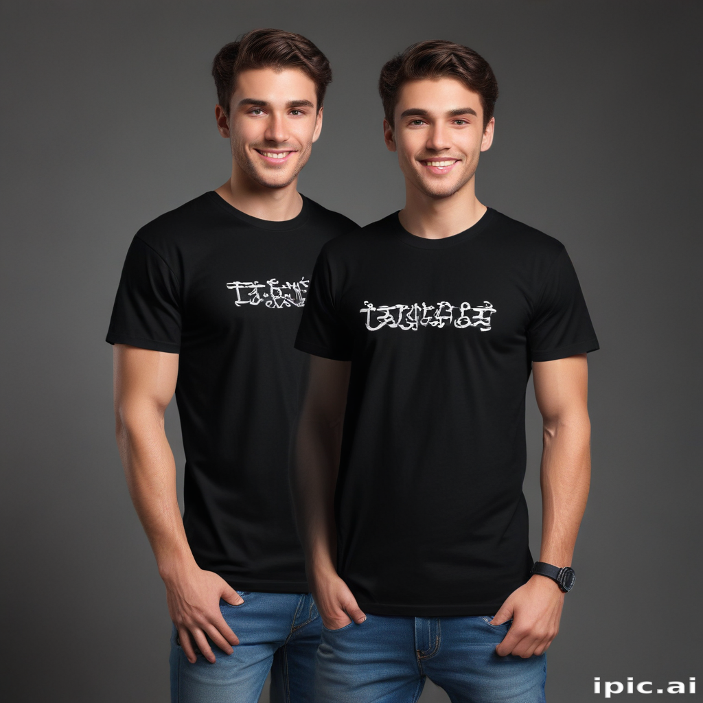 Two Young Men Wearing Matching Black T-Shirts with Unique Graphic Designs