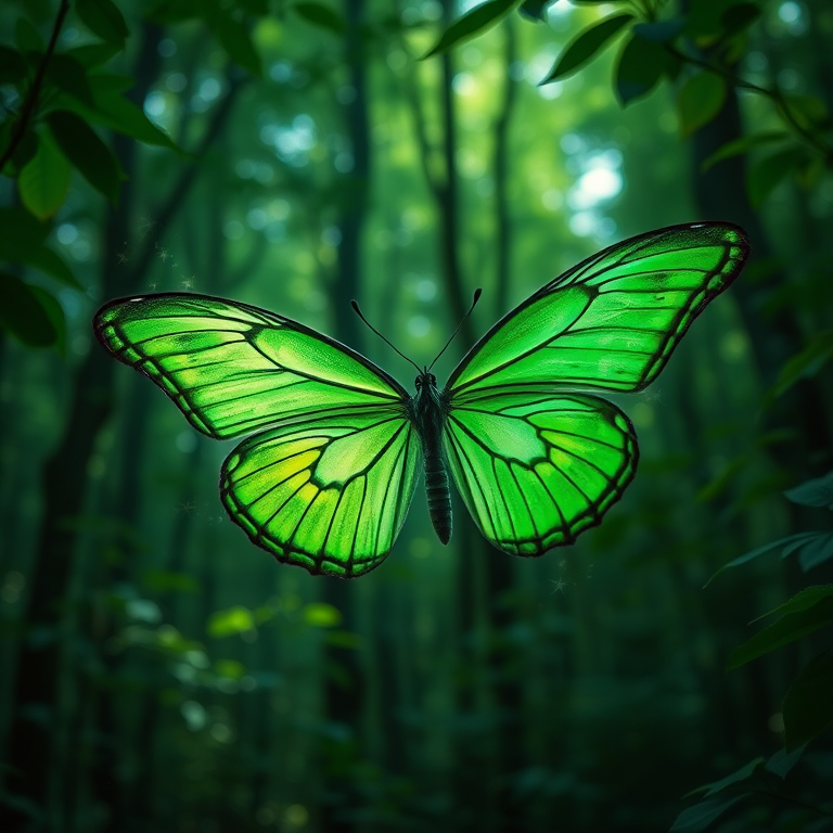 A Vibrant Green Butterfly Gliding Through a Lush, Serene Forest Landscape.
