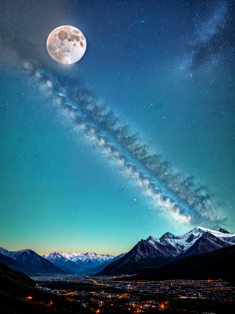 The night sky is illuminated by a bright, full moon, casting its light ...