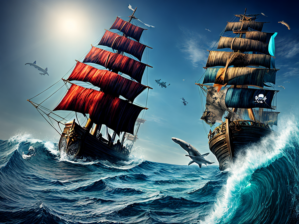 Pirate on his ship battling a giant shark.