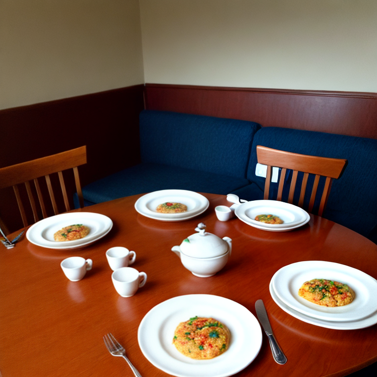 Empty dinner table with plates and half eaten food, two empty seats