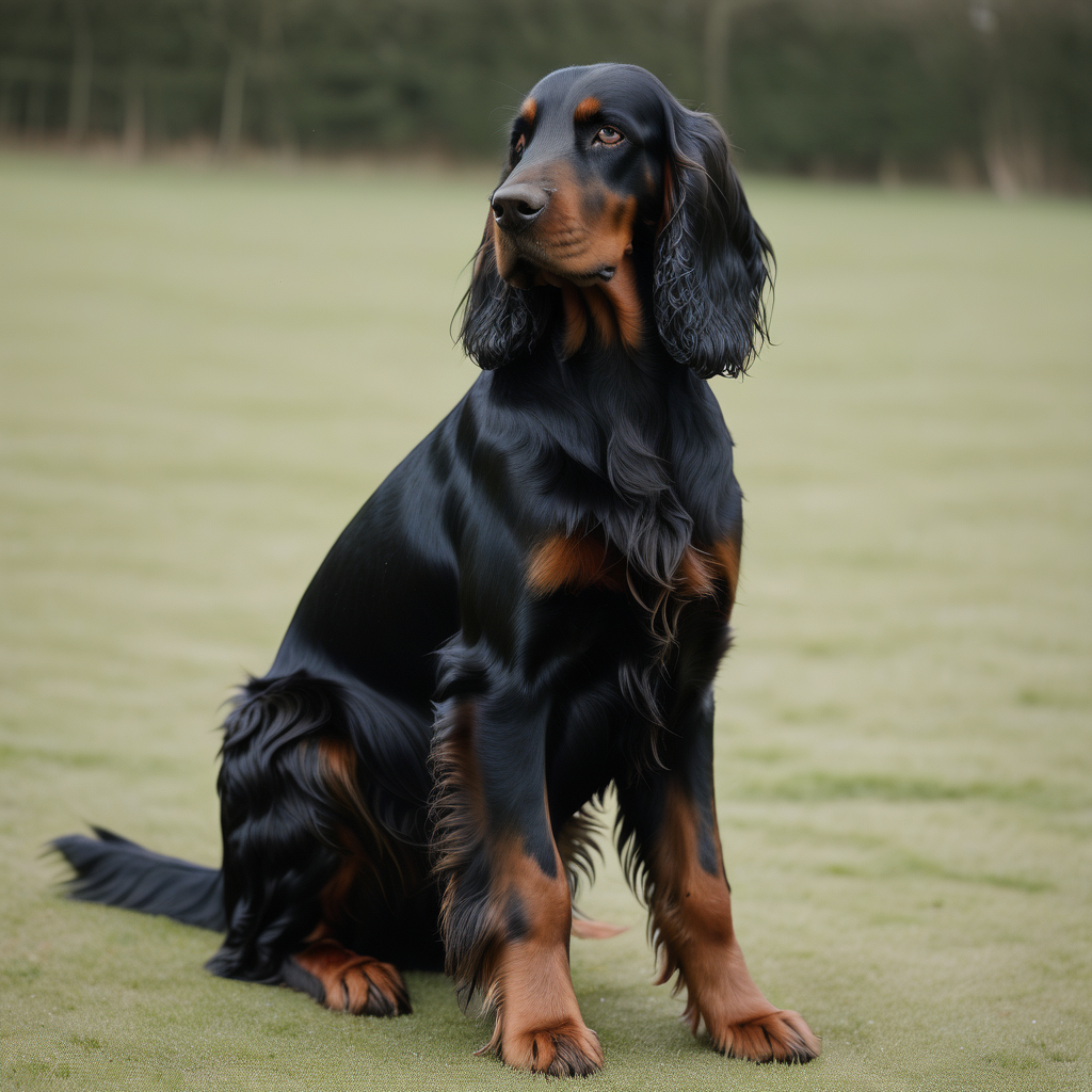 A Majestic Gordon Setter Sitting Gracefully on a Lush Green Field.