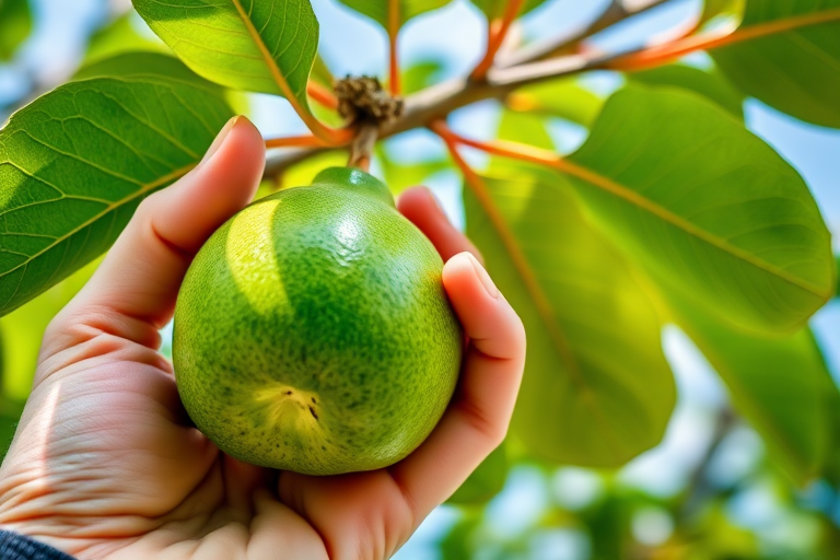 Capture a close-up of a hand gently holding a green guava fruit on a ...