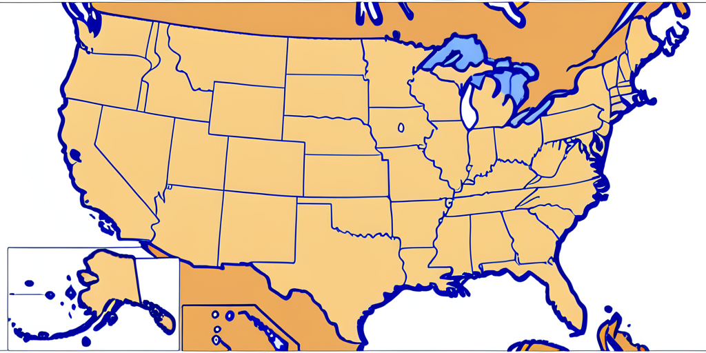 Map of the United States Highlighting Key Geographical Regions and Features